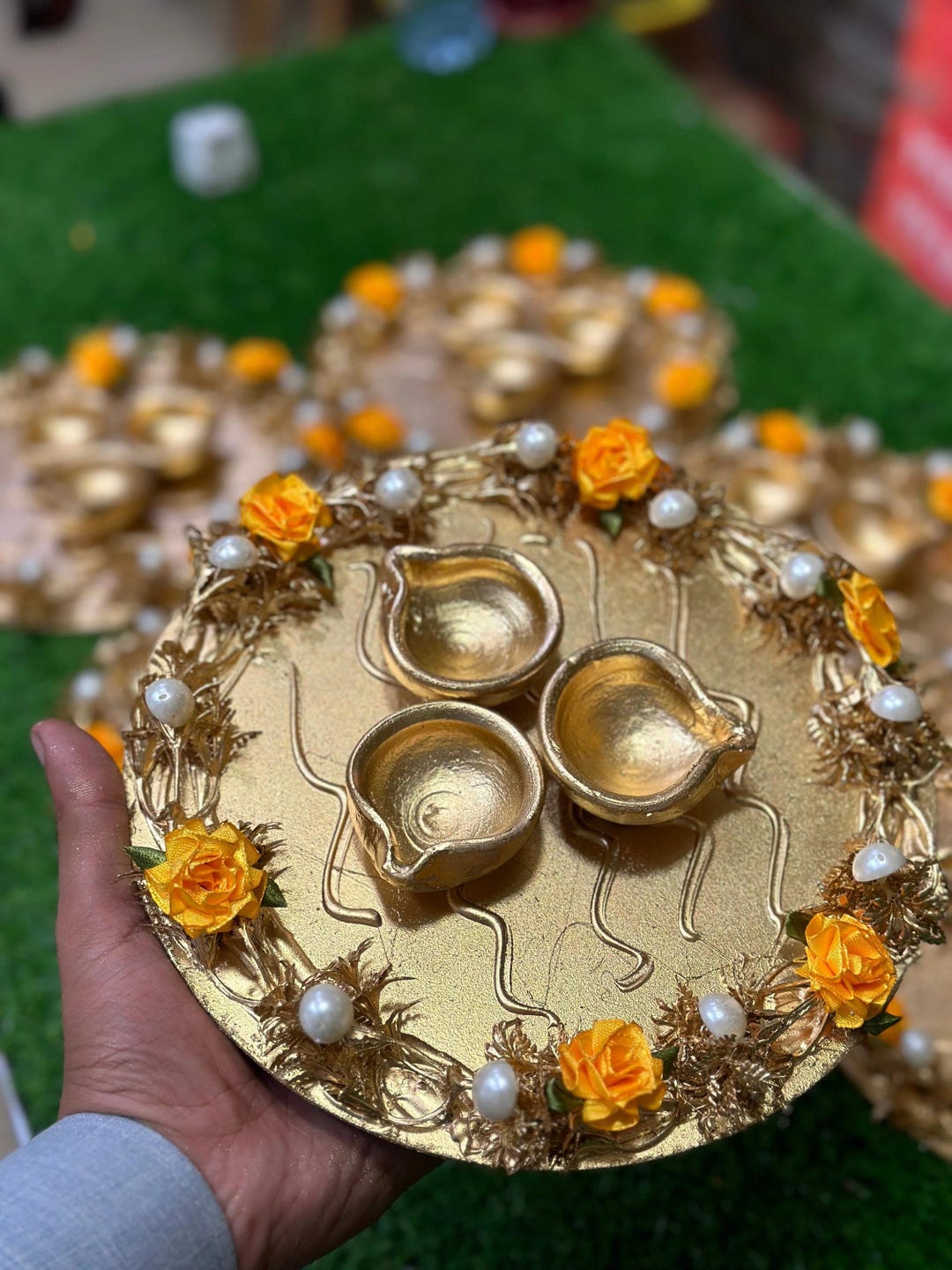 Handmade Golden Diya Plate Set With Flowers and Pearls | Diwali Pooja ...