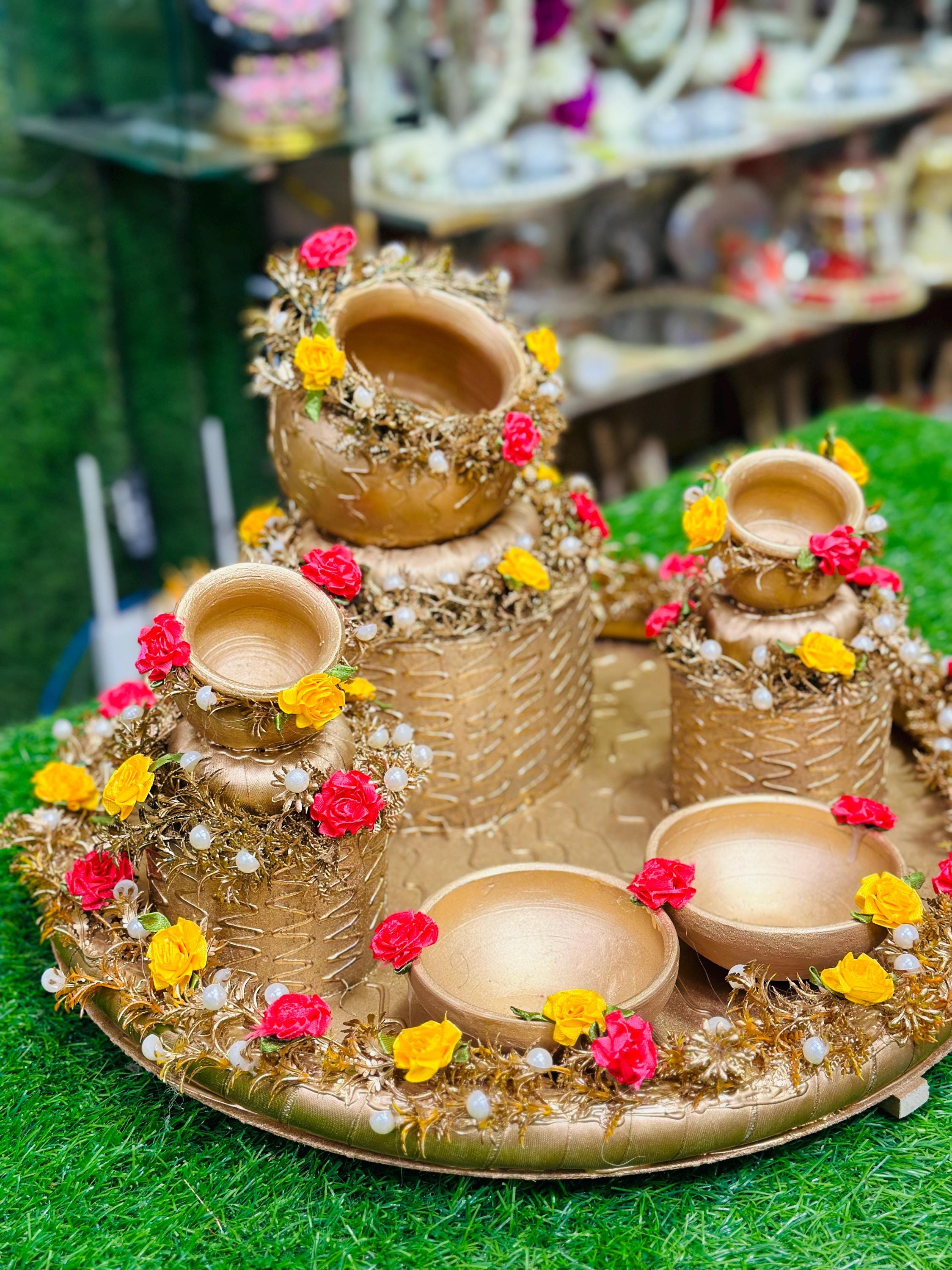 Gold Work Matki Rasam Thaal Tiered Flower Pots | Haldi Mehndi Mayun ...