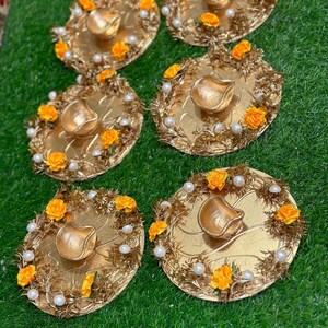 Handmade Golden Diya Plate Set With Flowers and Pearls | Diwali Pooja ...
