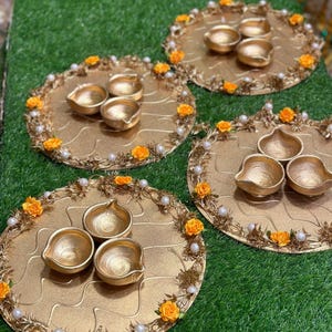 Handmade Golden Diya Plate Set With Flowers and Pearls | Diwali Pooja ...