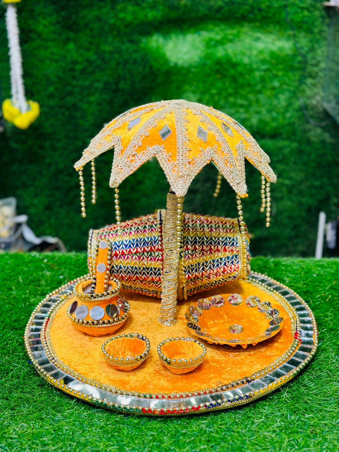 Velvet Rasam Thal Palm Tree Dholak Umbrella | Haldi Mehndi Mayun Tray ...