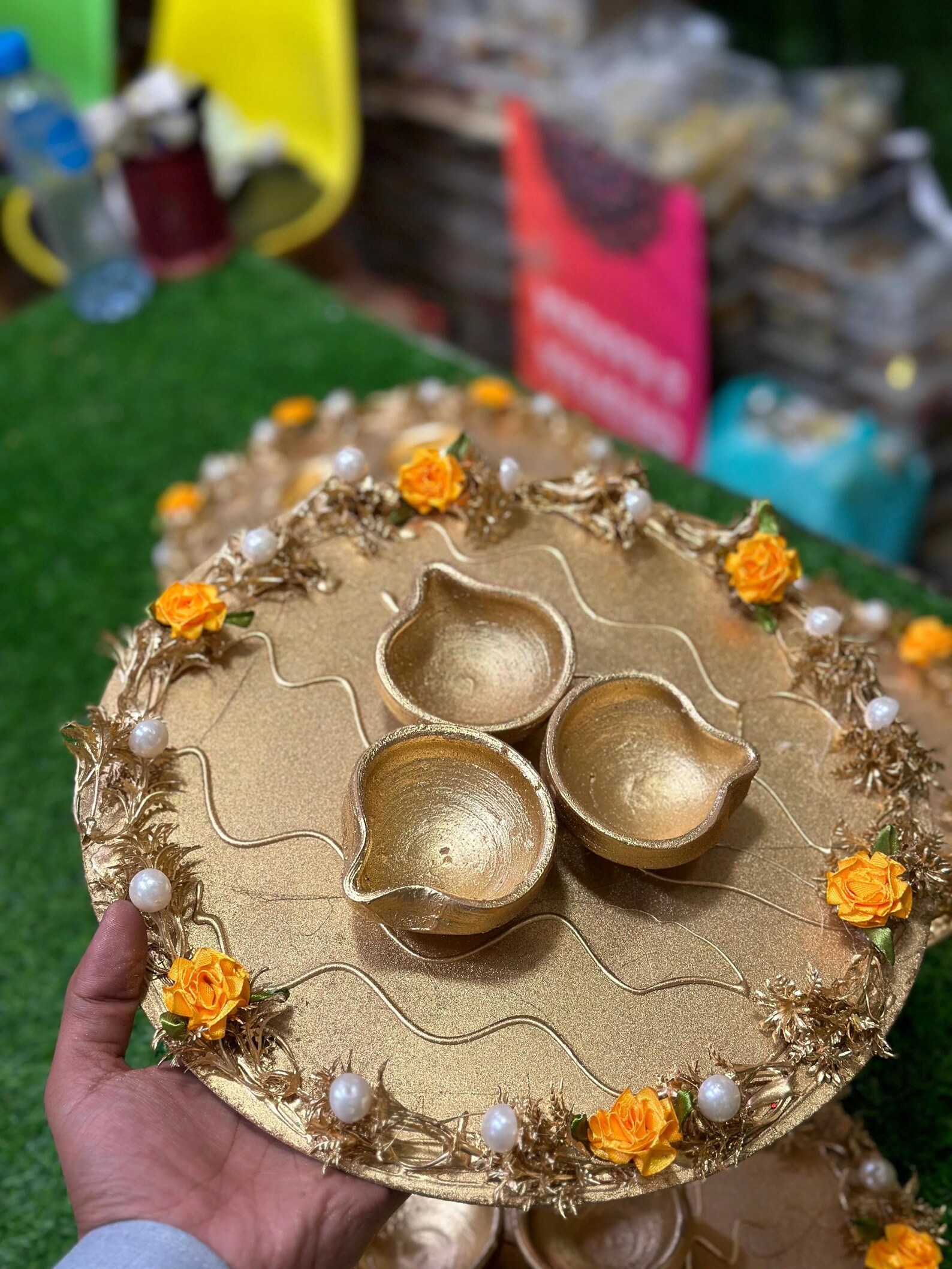 Handmade Golden Diya Plate Set With Flowers and Pearls | Diwali Pooja ...