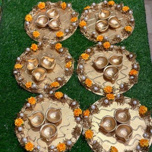 Handmade Golden Diya Plate Set With Flowers and Pearls | Diwali Pooja ...