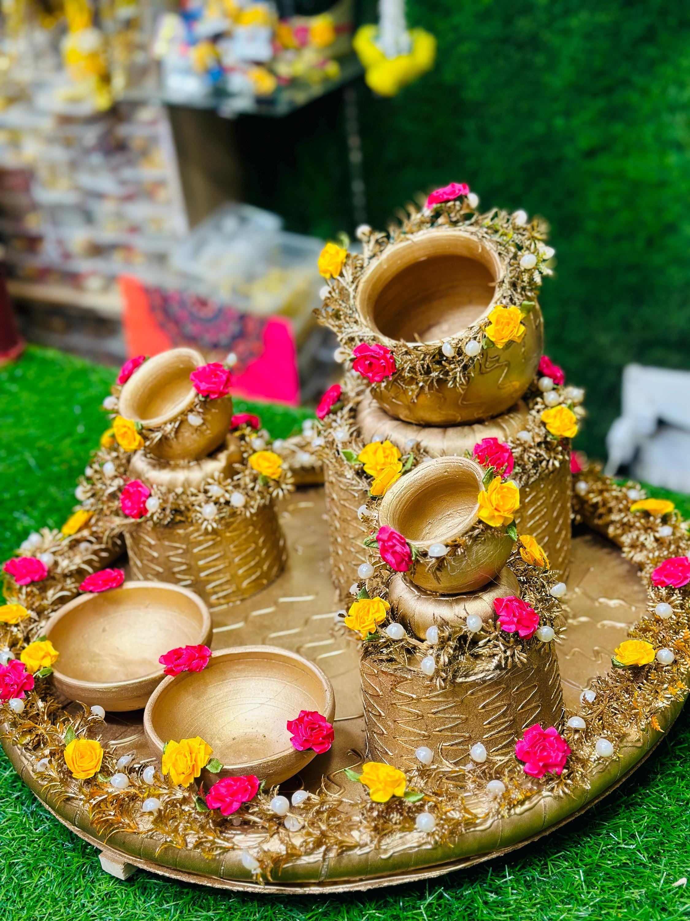 Gold Work Matki Rasam Thaal Tiered Flower Pots | Haldi Mehndi Mayun ...