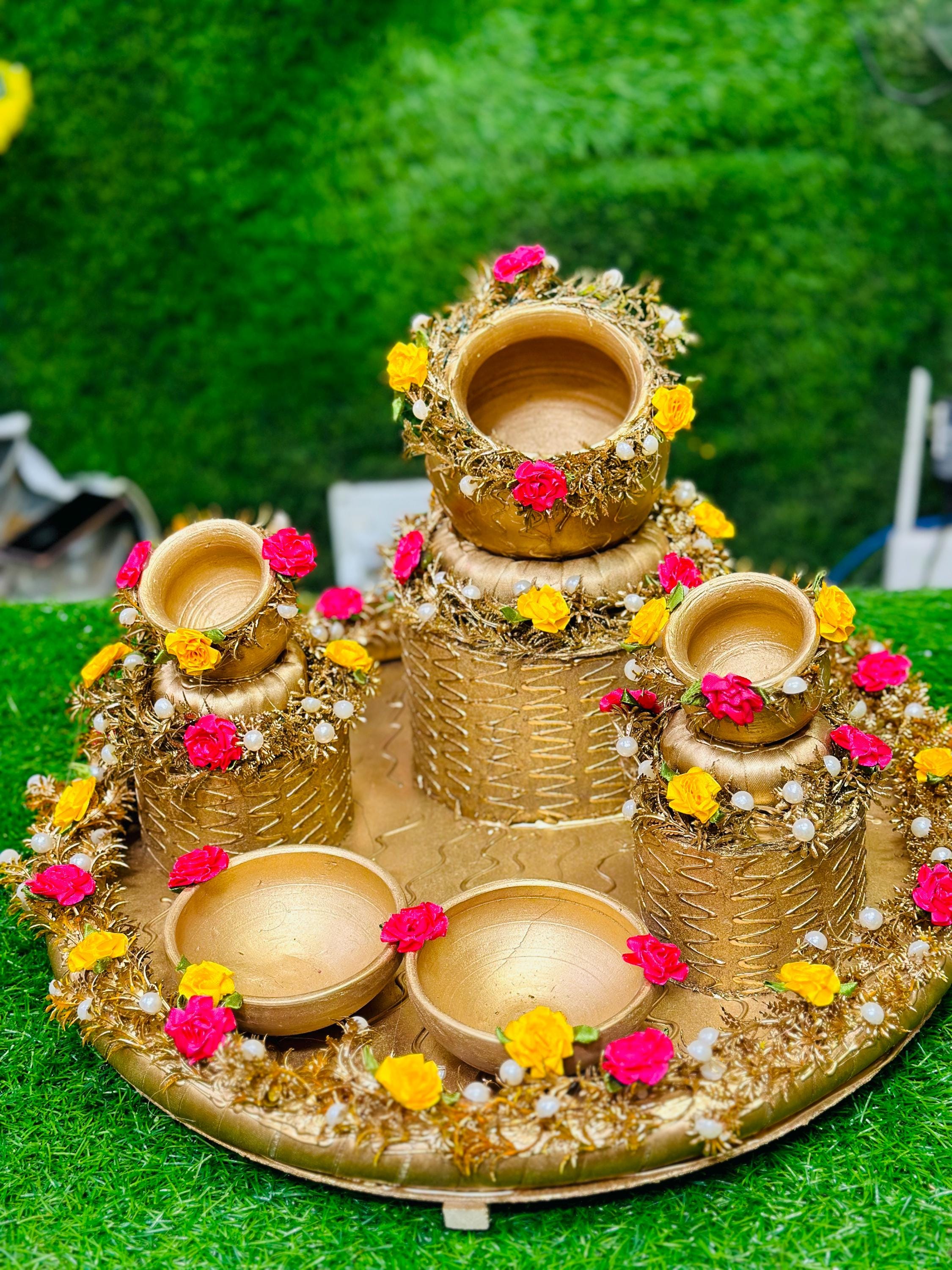 Gold Work Matki Rasam Thaal Tiered Flower Pots | Haldi Mehndi Mayun ...