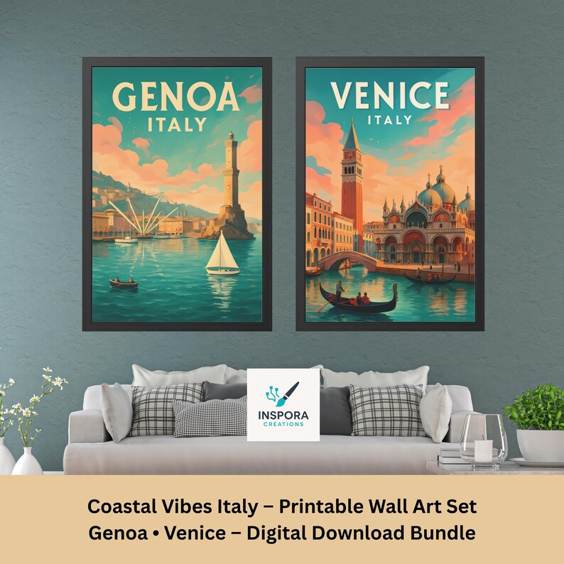Genoa & Venice Italy Coastal Vibes Poster Set – Retro Travel Art ...