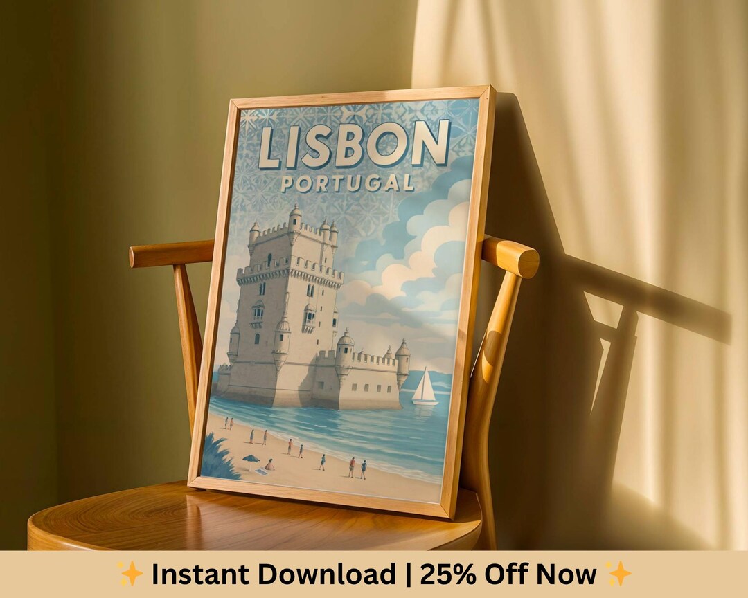 Lisbon Travel Poster: Belém Tower Vintage Coastal Print (digital ...