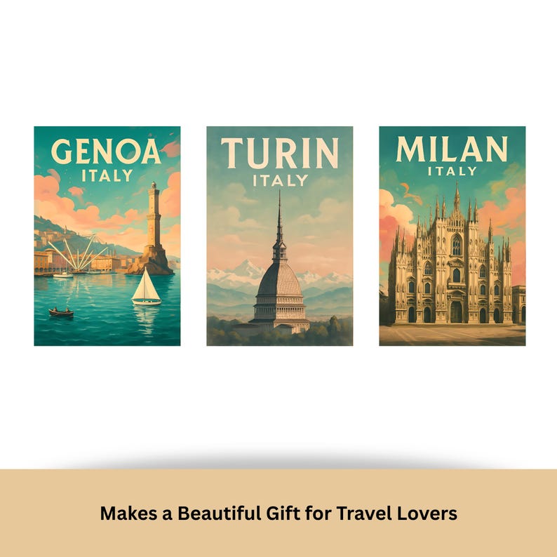 Vintage North Italy Travel 3 Poster Set: Milan, Turin, Genoa (digital ...