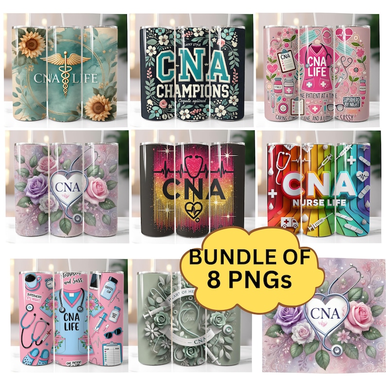 CNA Nurse Tumbler Wrap Bundle: 8 Sublimation PNG Designs (digital ...