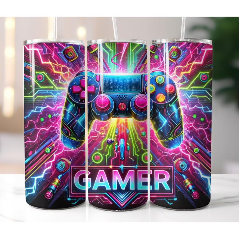 Neon Gamer Tumbler Wrap PNG: 3D Video Game Controller (digital Download ...