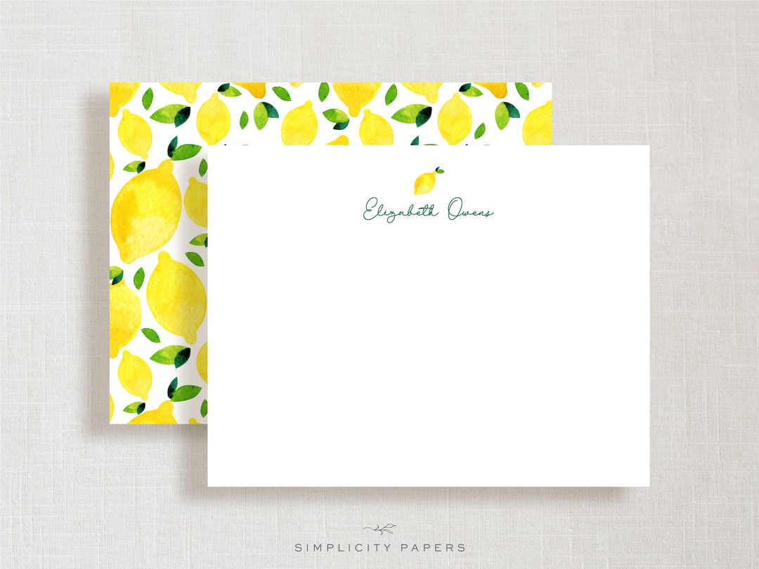 Lemon Note Card With Optional Printed Backer // Stationery Set // Thank ...