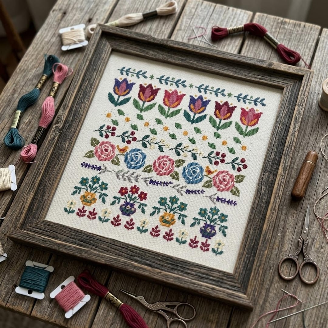 Folk Floral Cross Stitch Pattern, Scandinavian Botanical Sampler Design ...