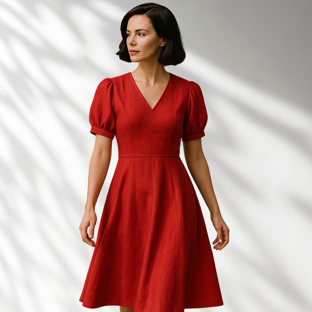 Elegant Midi Dress Sewing Pattern, V Neckline Dress Pattern Pdf, Puff ...