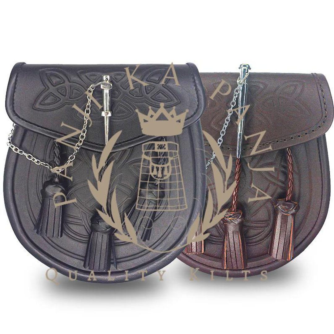 Scottish Kilt Day Sporran | Black Brown Real Leather Sporran | With ...