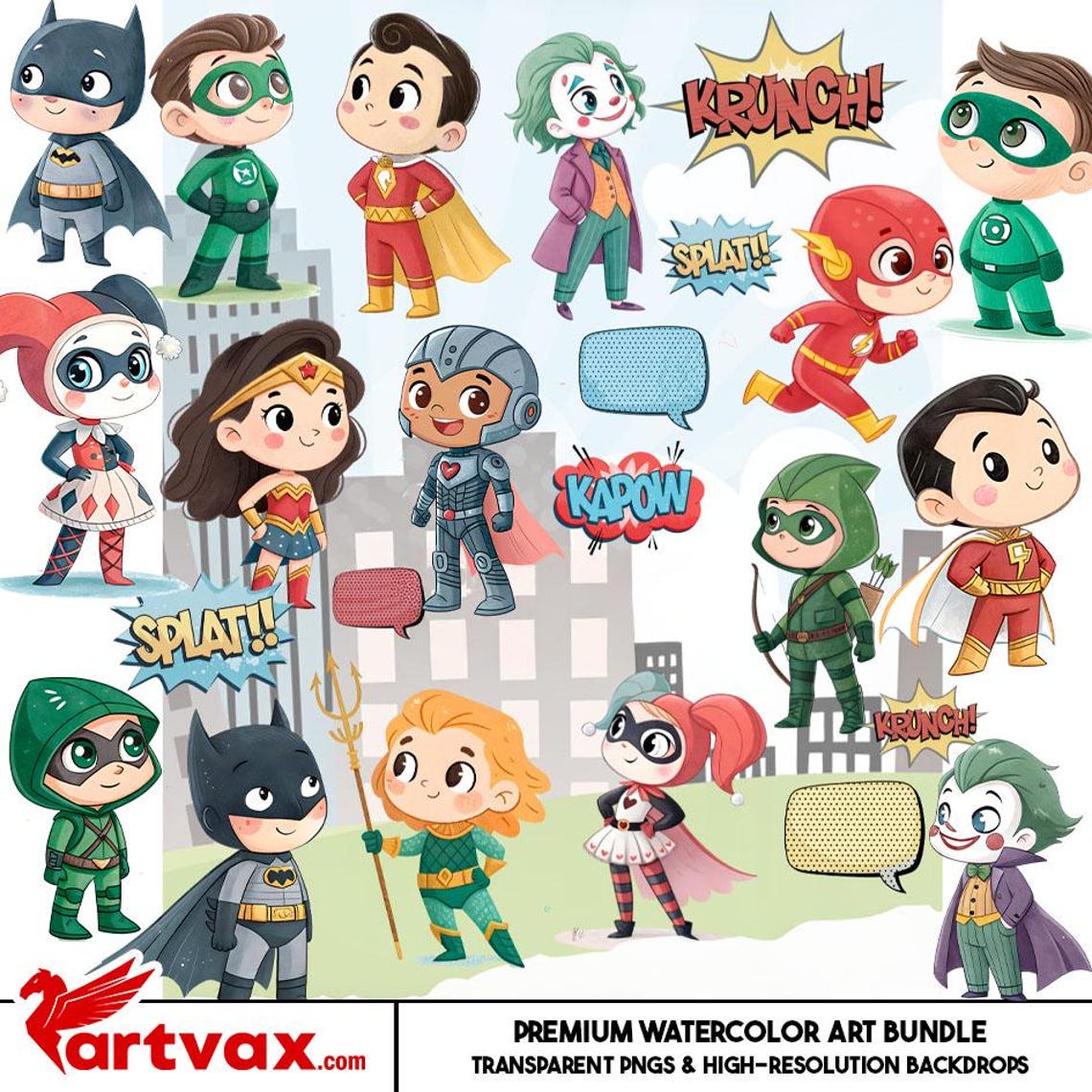Superhero Kids PNG Bundle | Cute Justice League Watercolor Clipart ...