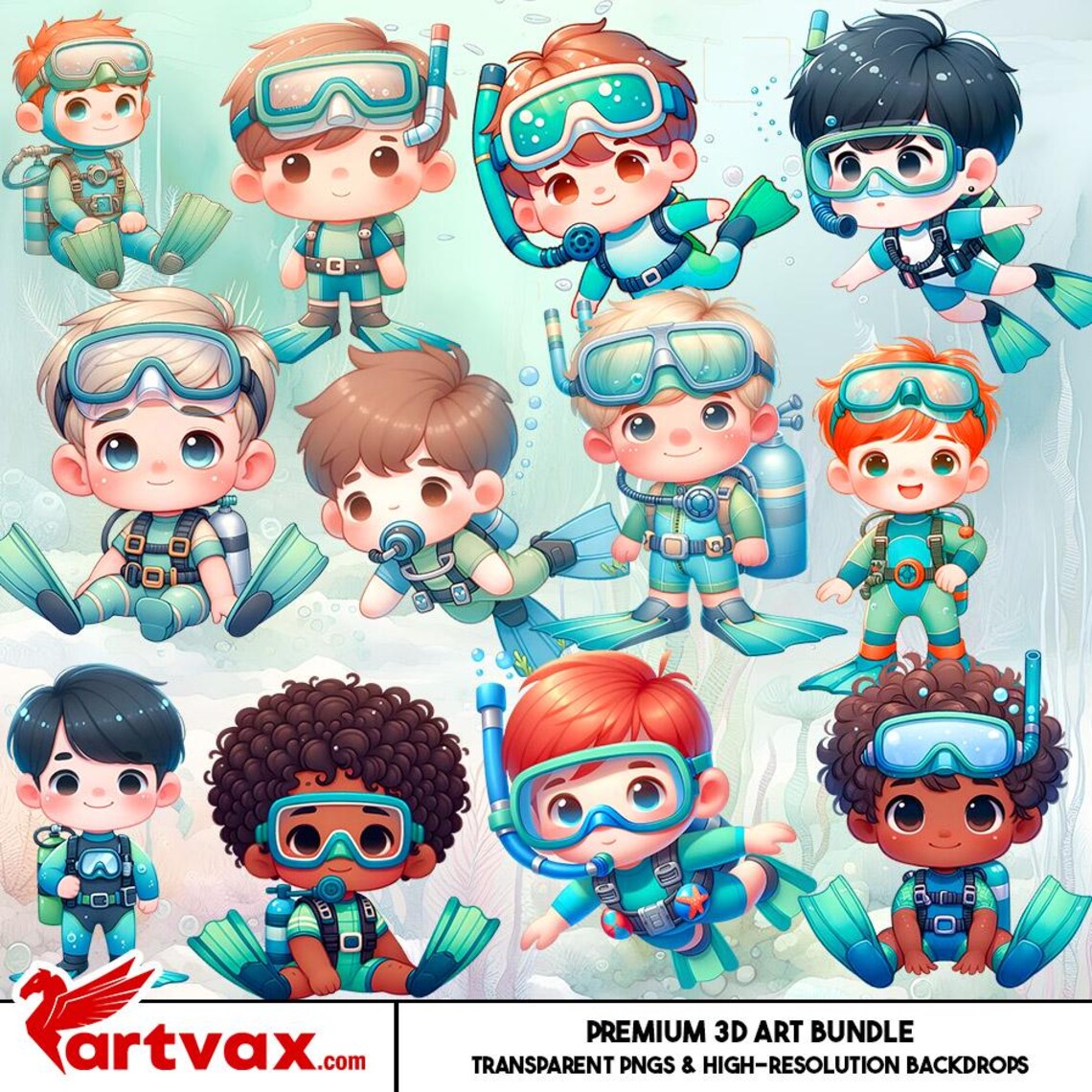 Scuba Diver Boy PNG Bundle | Cute Underwater Adventure Clipart ...