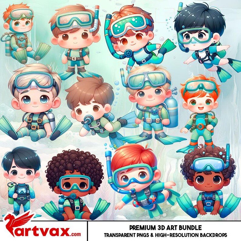 Scuba Diver Boy PNG Bundle | Cute Underwater Adventure Clipart ...
