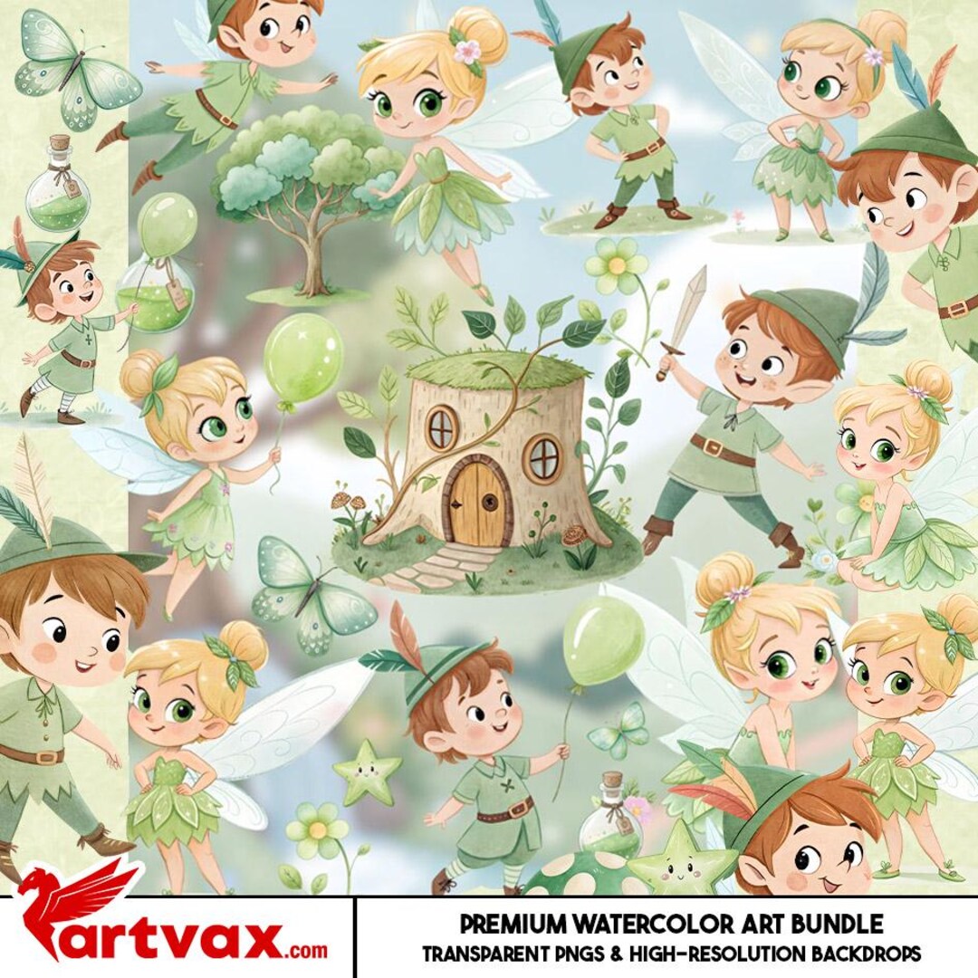 Peter Pan & Tinkerbell Watercolor Clipart Bundle | Fairy Pngs, Magical ...