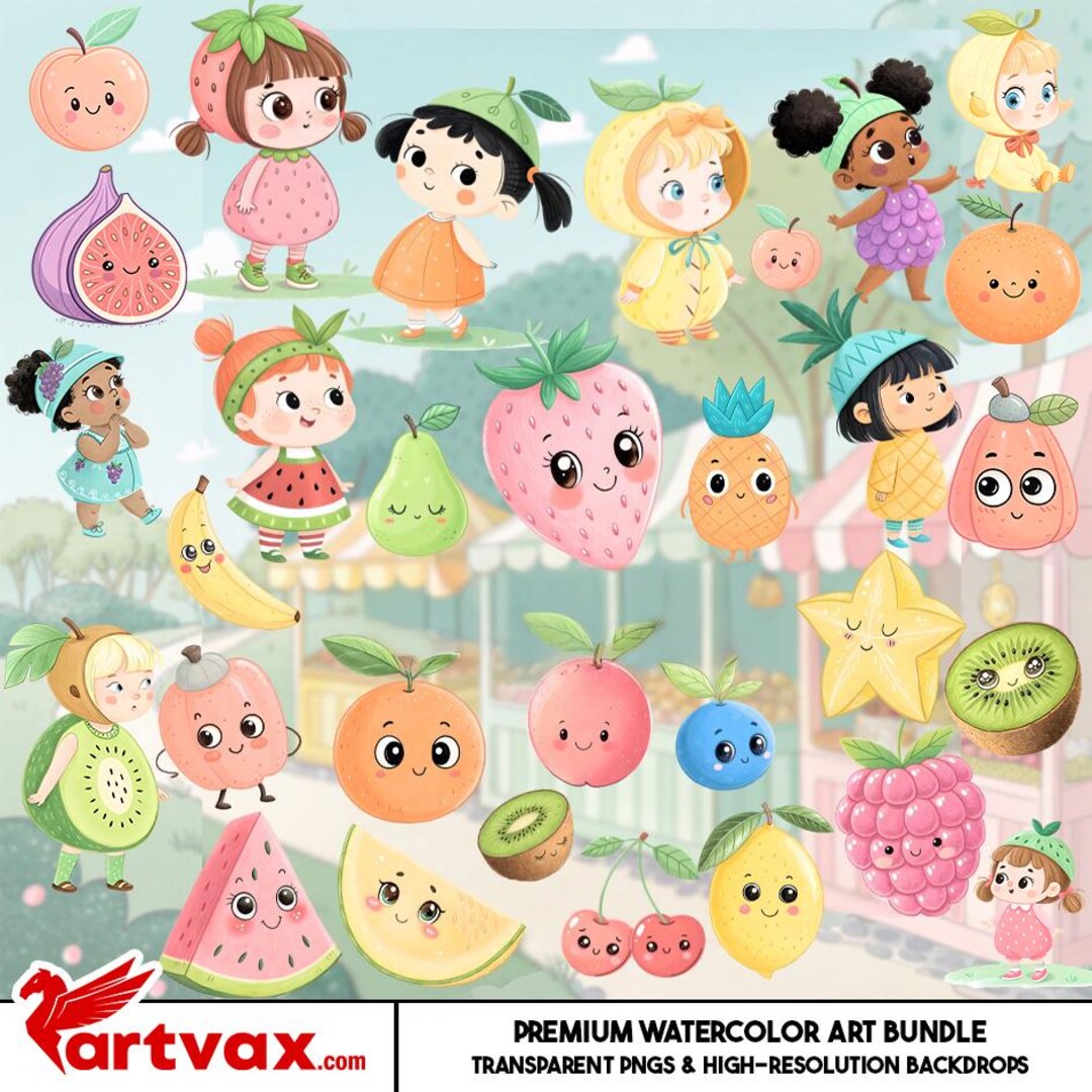 Fruit Kids Watercolor Clipart PNG Bundle, Cute Children in Fruit ...
