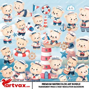 Sailor Teddy Bear Clipart Bundle | Nautical Watercolor Pngs | Cute Baby ...