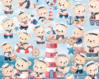 Teddy Bear Sailor Clipart: Nautical Nursery Art (PNG Digital Download ...