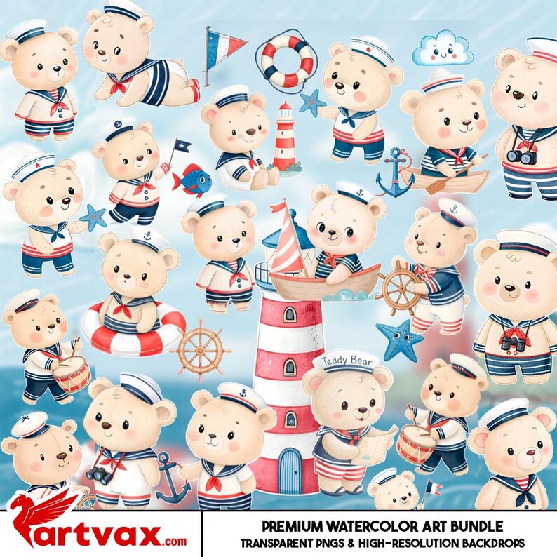 Sailor Teddy Bear Clipart Bundle | Nautical Watercolor Pngs | Cute Baby ...