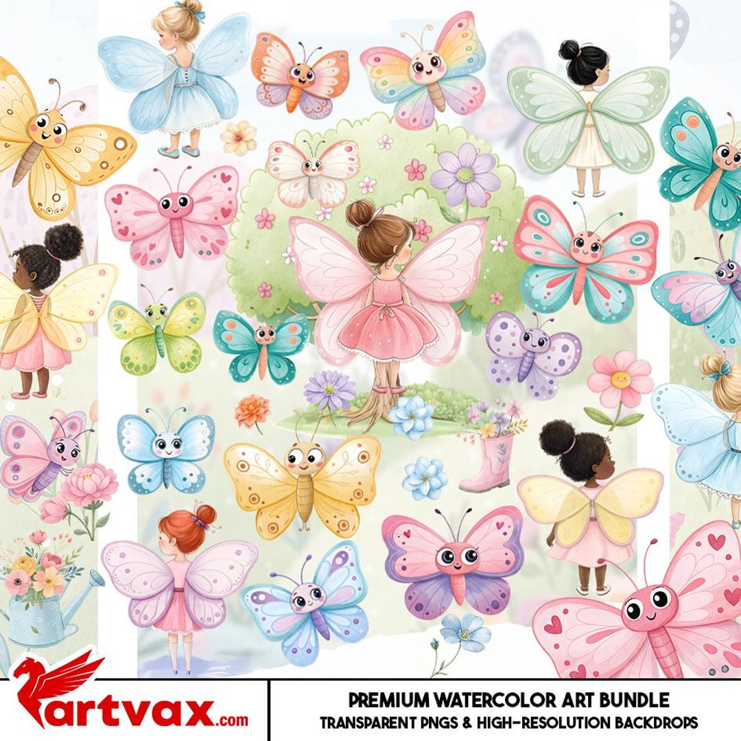 Watercolor Butterfly Clipart PNG Bundle | Cute Fairy Png, Girls With ...