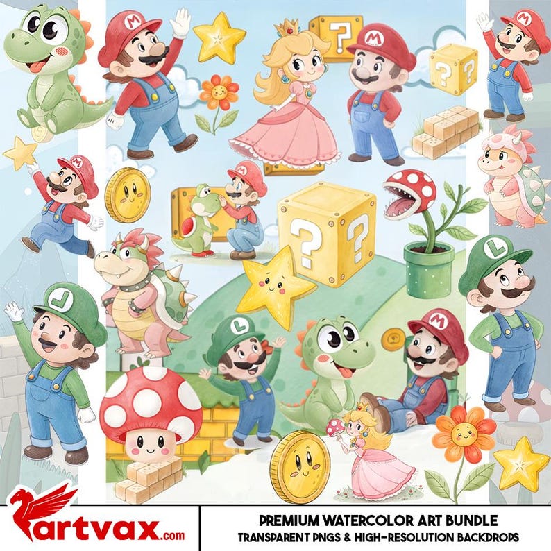 Watercolor Mario PNG Bundle | Cute Super Bros Clipart for Kids Crafts ...