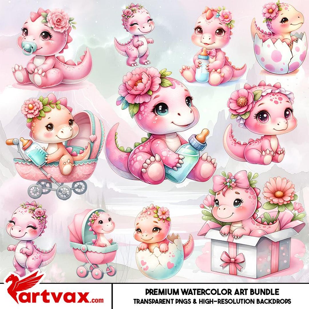 Pink Baby Dinosaur PNG Bundle | Cute Dino Watercolor Clipart | Baby ...