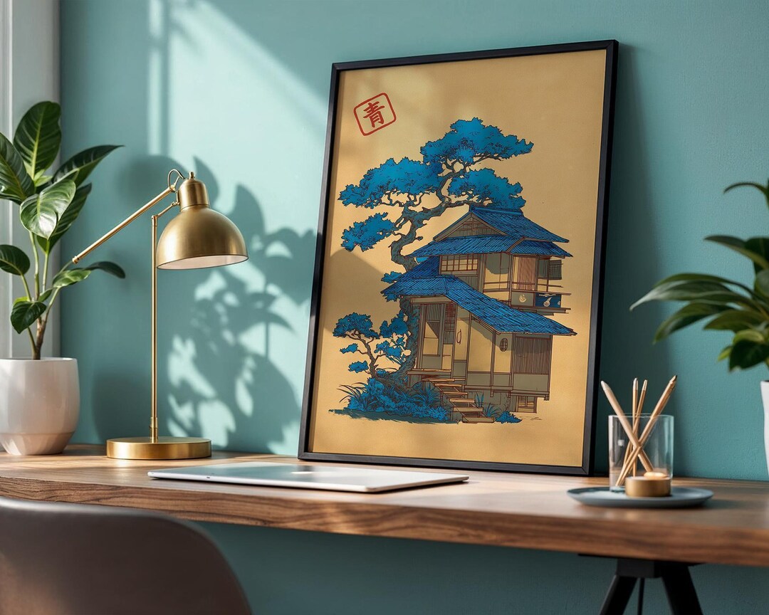 Ukiyo-e Blue Tea House Art Print, Japanese Landscape Poster - Etsy