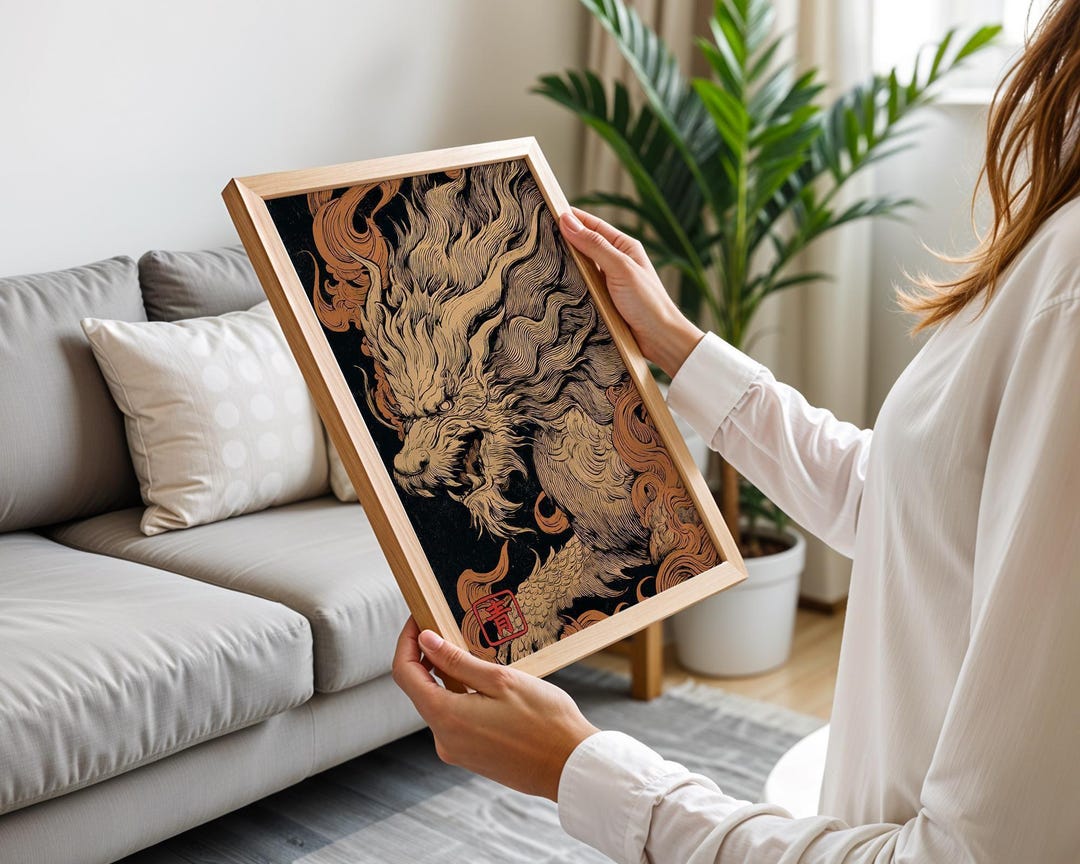 Fierce Kirin Guardian Print - Mythic Japanese Beast Woodblock Artwork ...