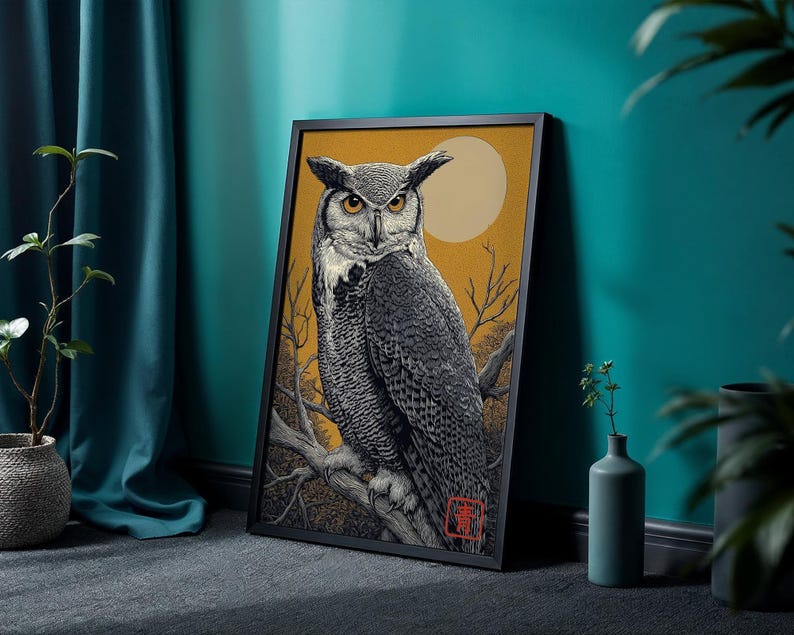 Japanese Owl Woodblock Art Print Featuring Detailed Nocturnal Bird ...