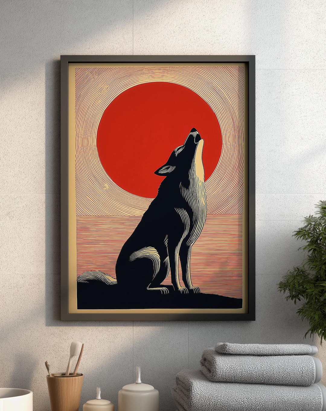 Howling Wolf Red Sun Japanese Inspired Graphic Art Print - Timeless ...