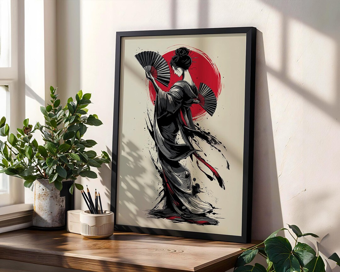 Dynamic Geisha Fan Dance Art Japanese Red Sun Poster Elegant Kimono ...