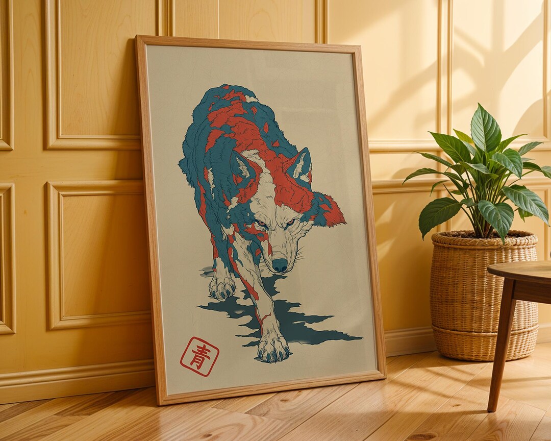 Ukiyo-e Red and Blue Wolf Print, Vintage Japanese Woodblock Art - Etsy