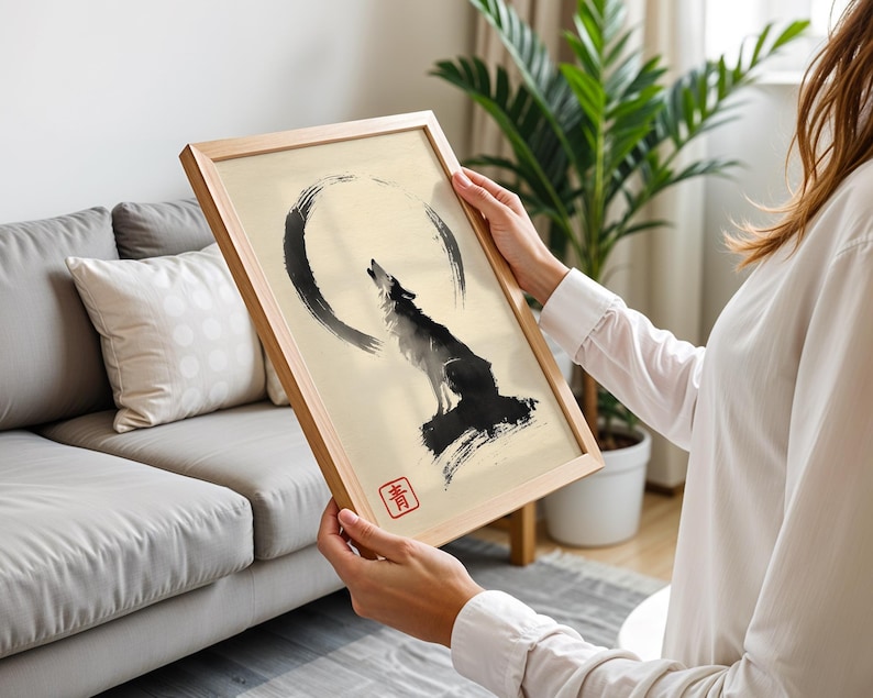 Japanese Sumi-e Howling Wolf Art Print, Minimalist Asian Decor - Etsy