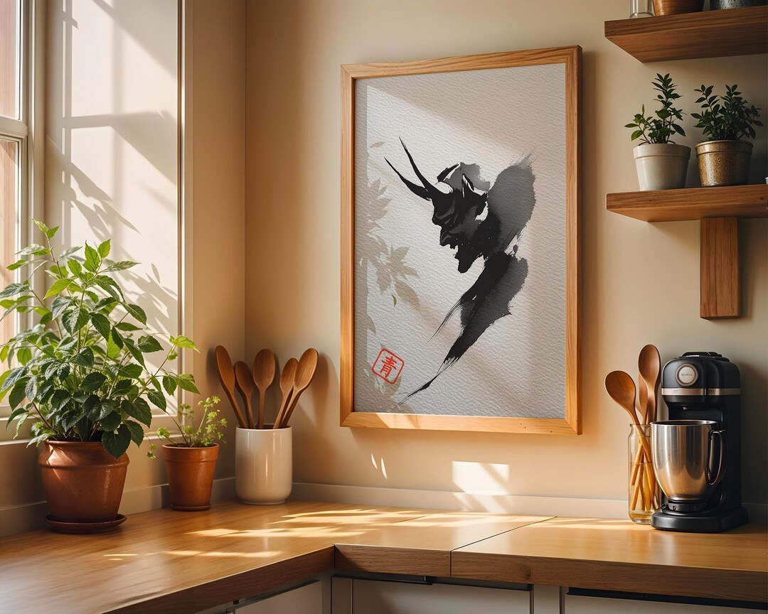 Hannya Mask Art Print, Japanese Demon Wall Art, Sumi-e Ink Wash ...