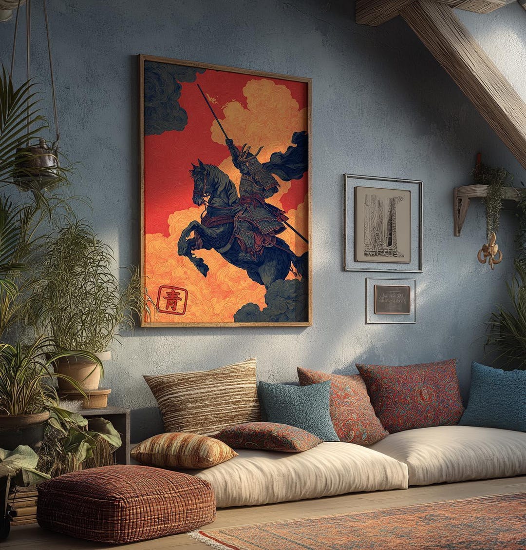 Dynamic Shogun Warrior Wall Art Print With Fiery Sky and Traditional ...