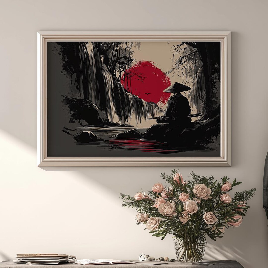 Waterfall Samurai Art Print, Red Sun Japan Poster, Calm Ink Scene - Etsy
