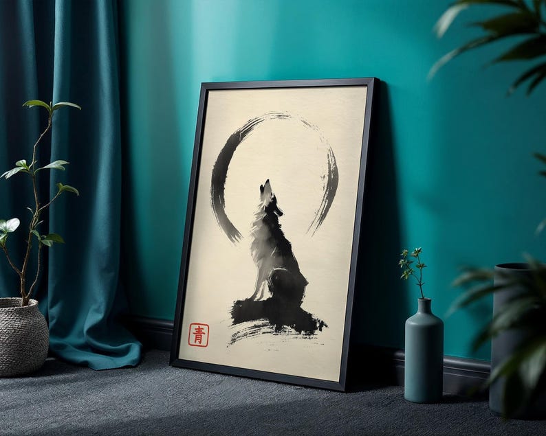 Japanese Sumi-e Howling Wolf Art Print, Minimalist Asian Decor - Etsy