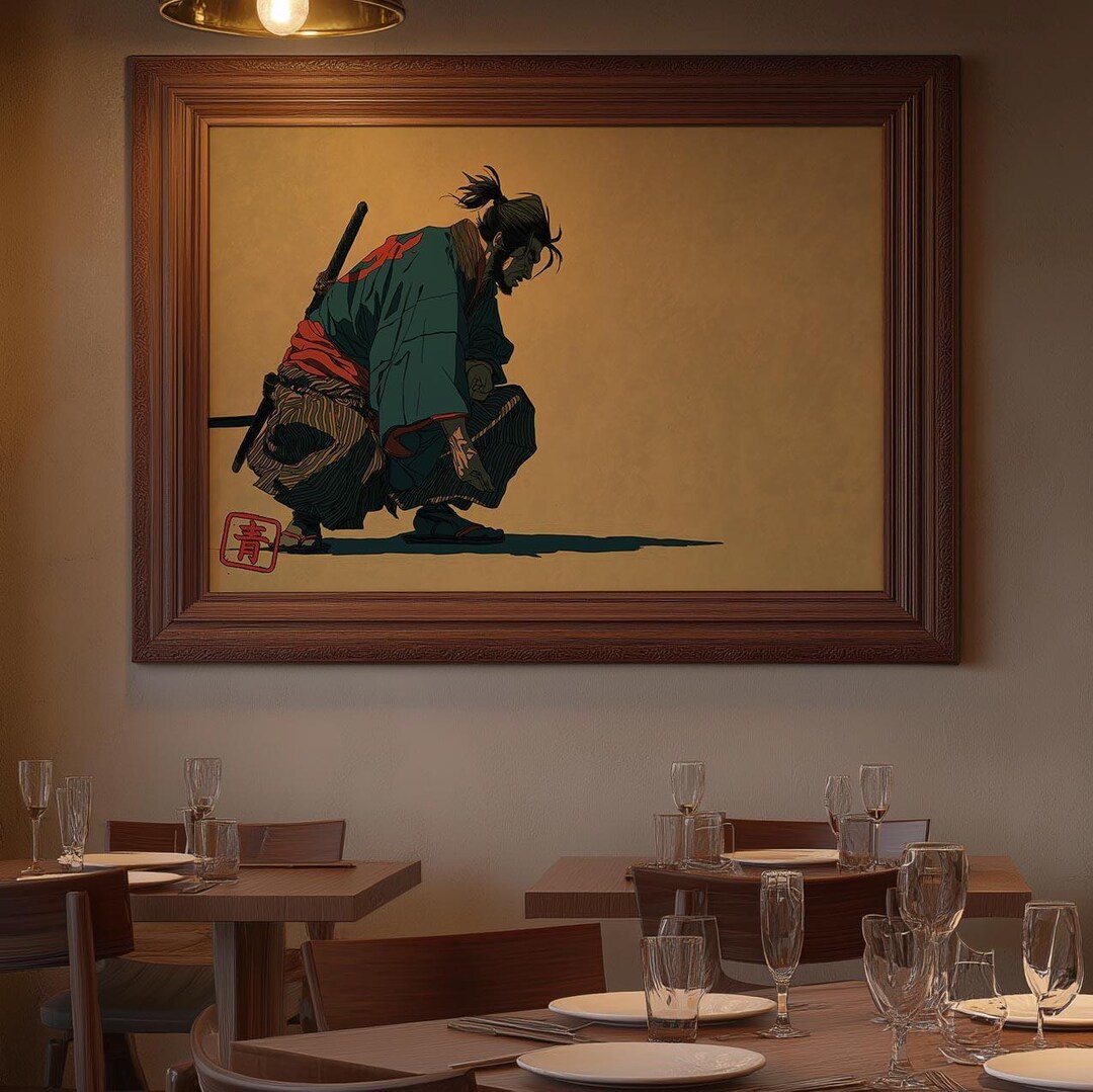 Samurai Wall Art Print of Warrior Crouching in Blue Robe Design - Etsy