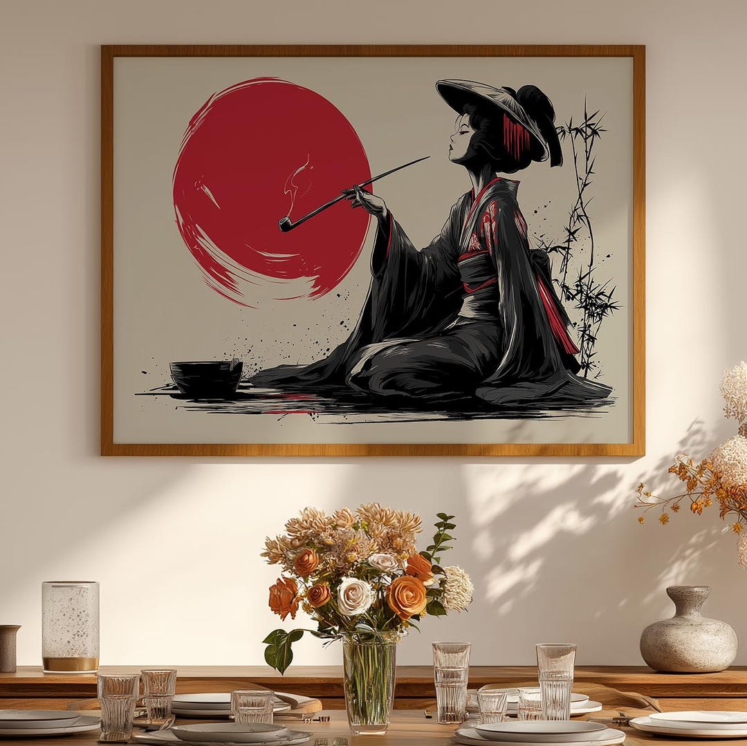 Smoking Geisha Art Print, Red Sun Japan Poster, Calm Ink Portrait - Etsy