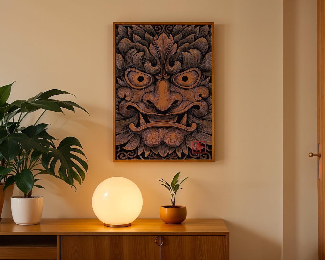 Japanese Oni Mask Woodblock Art Print, Demon Face Illustration ...