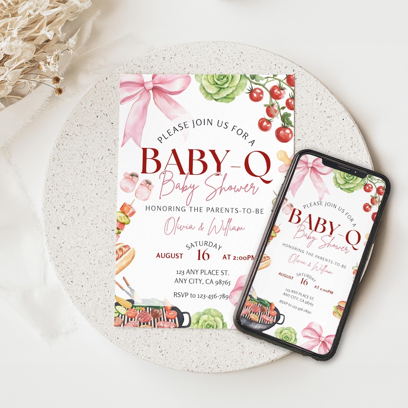 Babyq and Bow Baby Shower Invitation Printable, Girl BBQ Baby Shower ...