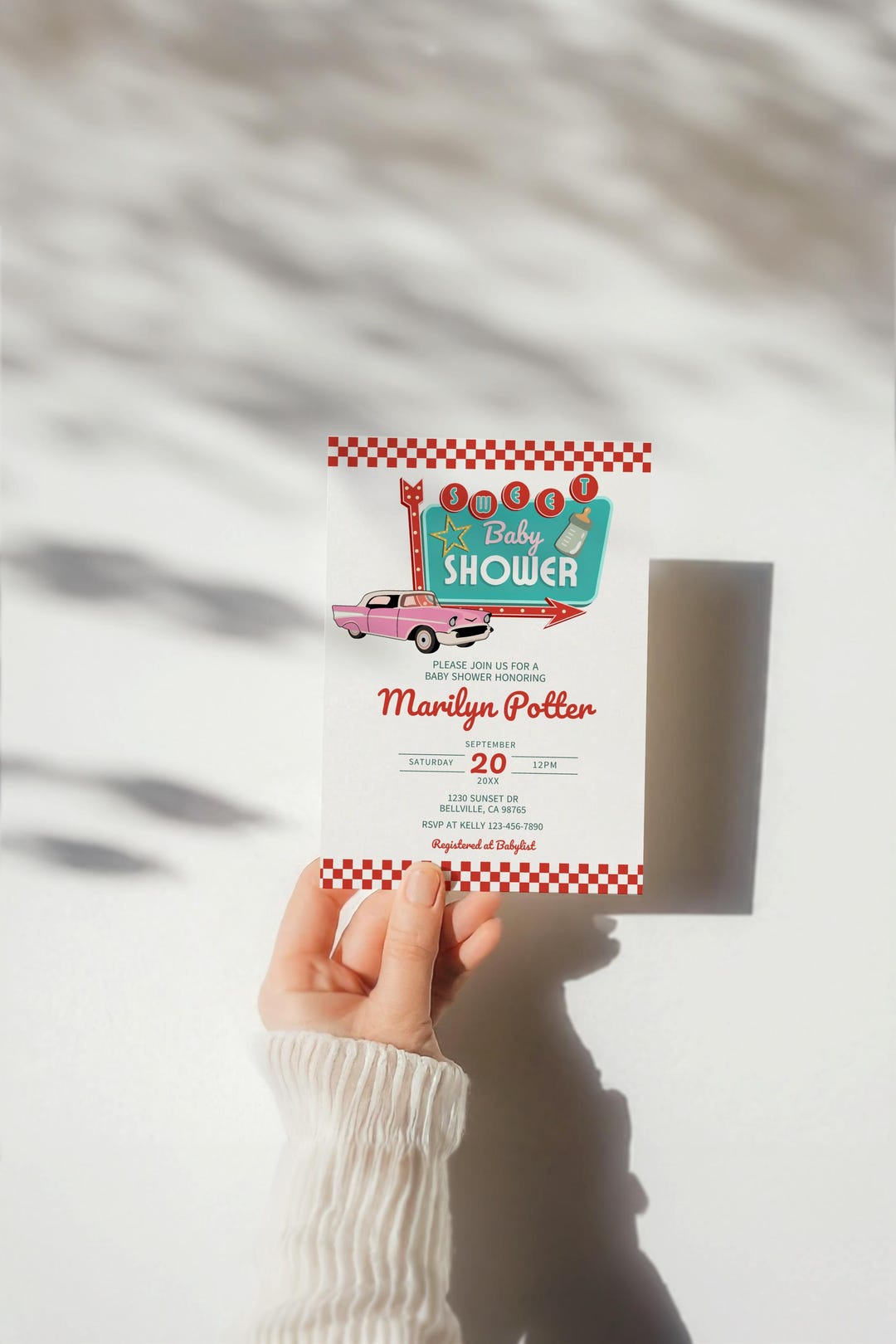 Retro Diner Baby Shower Invitation, Editable 50s Pink Classic Car Baby ...