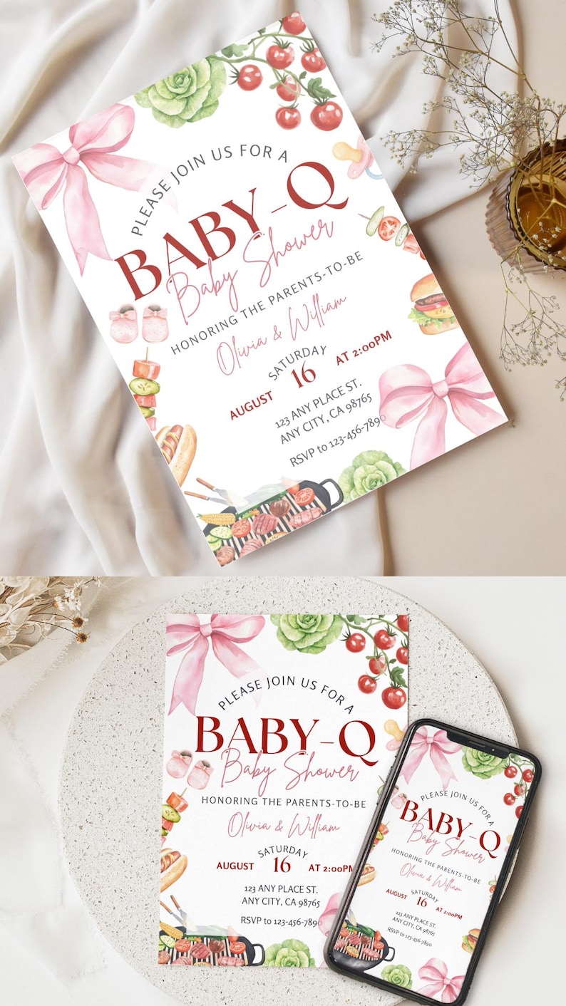 Babyq and Bow Baby Shower Invitation Printable, Girl BBQ Baby Shower ...