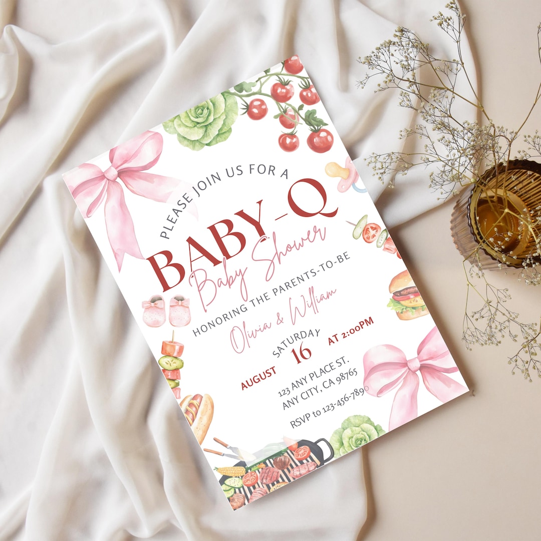 Babyq and Bow Baby Shower Invitation Printable, Girl BBQ Baby Shower ...