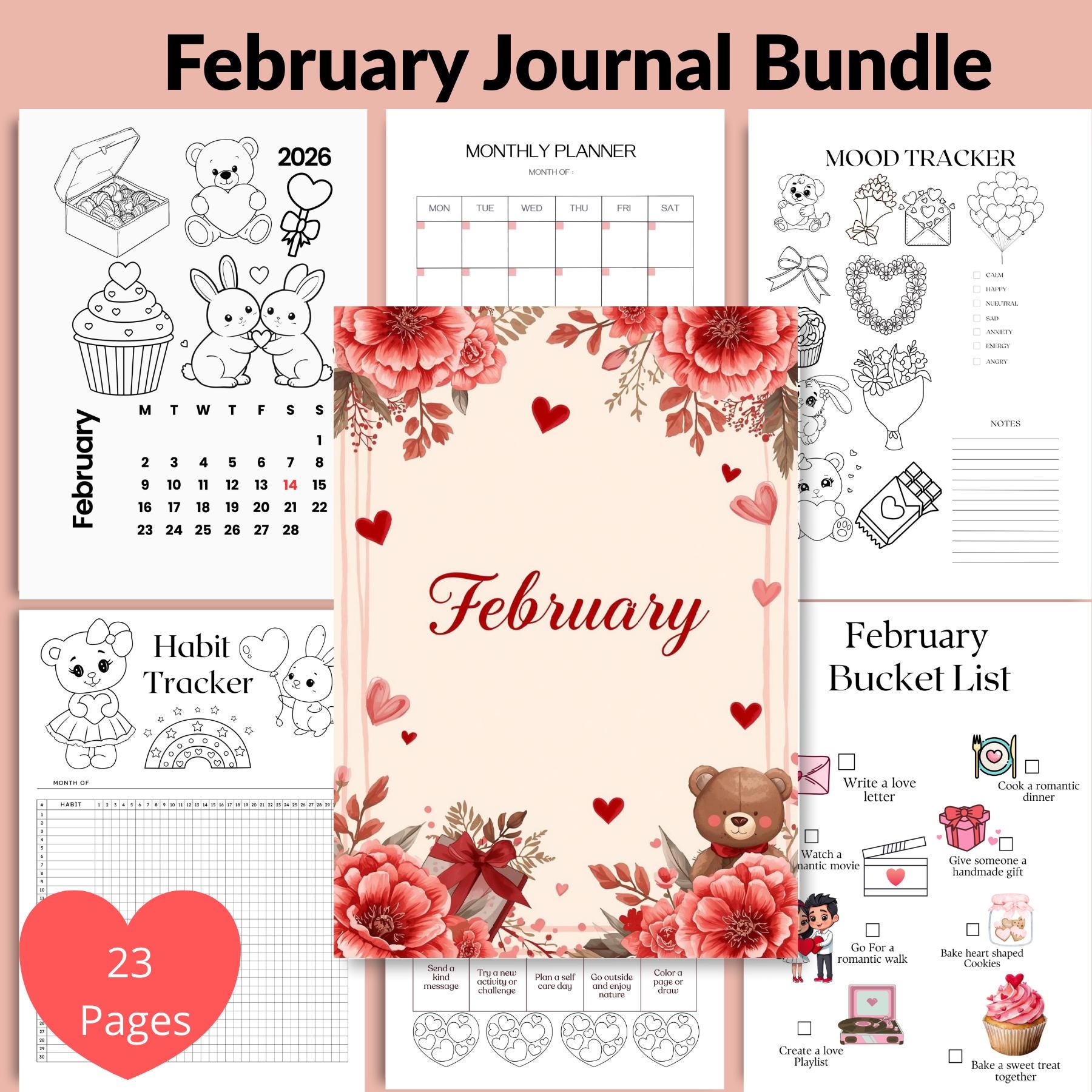 February Journal Bundle Printable-february Calendar & Agenda-bucket ...