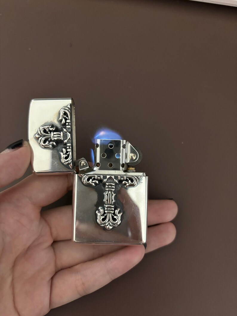 Gothic Heavy Silver Lighter With 3D Cross, Dagger, and Fleur-de-lis ...