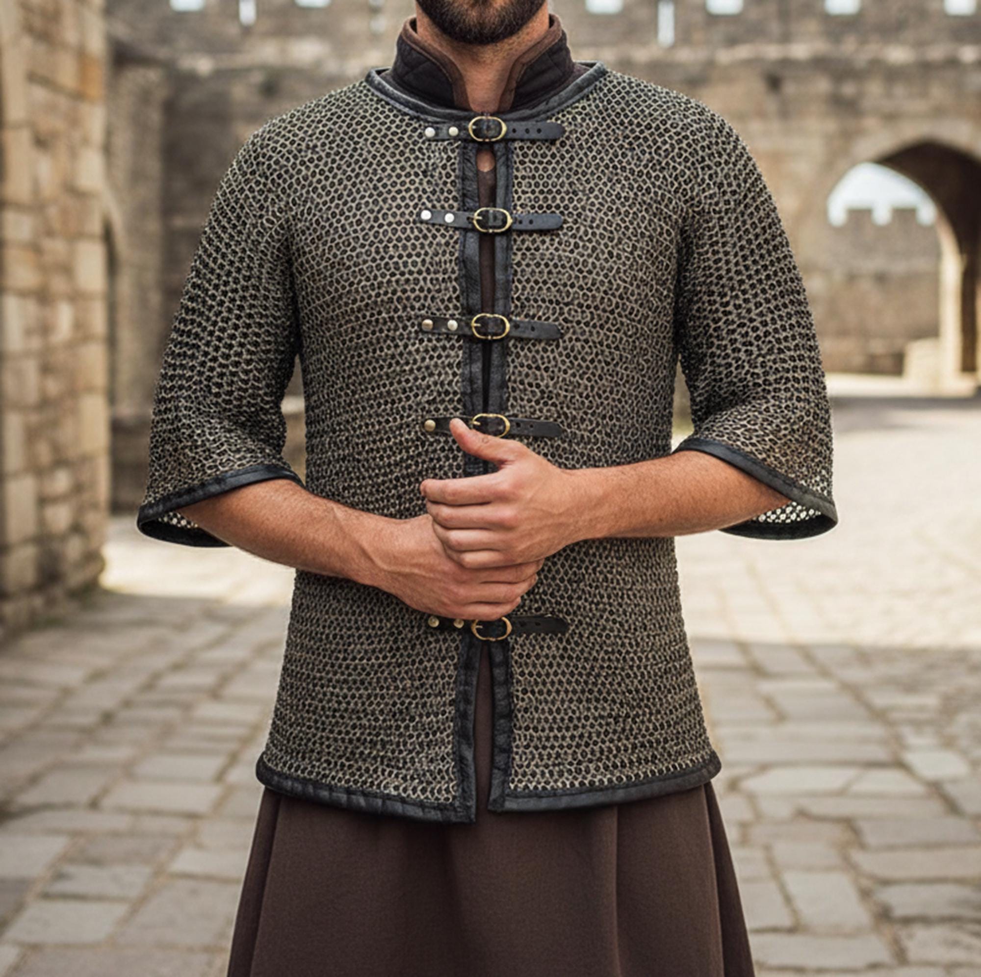 Flat Riveted Chainmail Shirt Mild Steel Medieval Hauberk With Leather ...